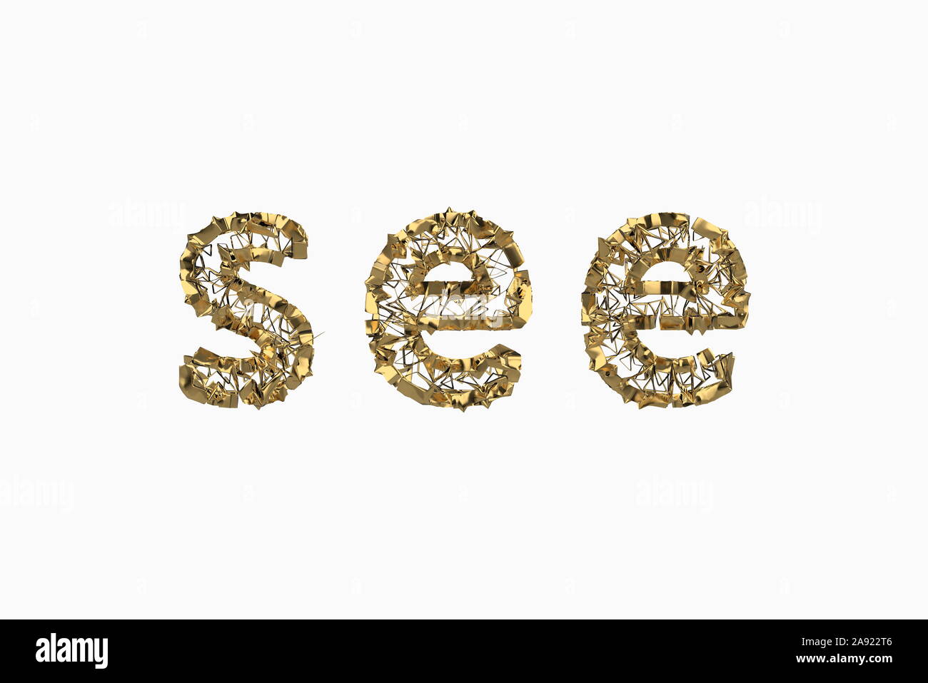 The word See is made by gold wired jewelry letters isolated on white ...