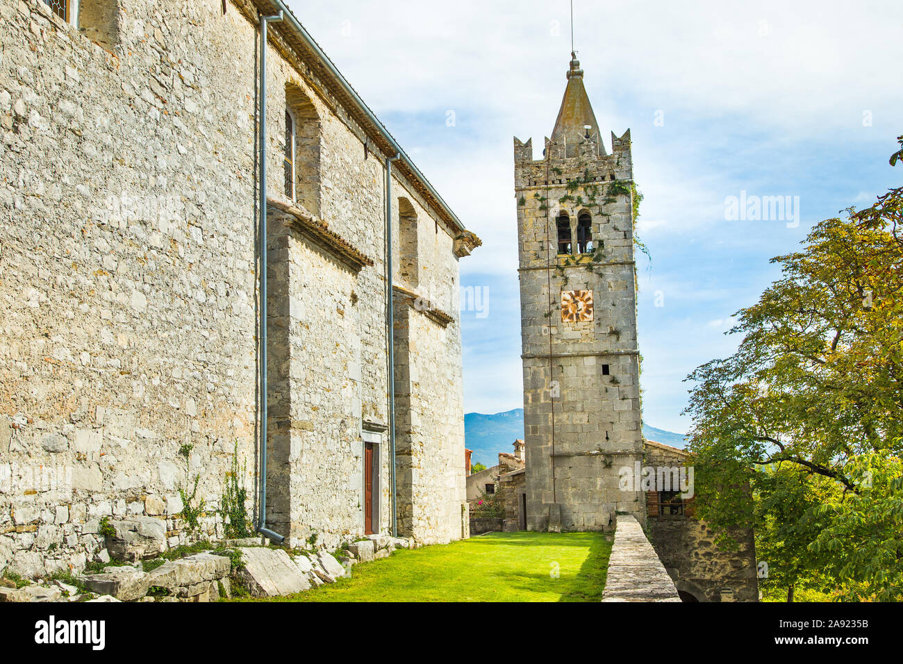 Beautiful old town of Hum on the hill in Istria, Croatia, monastery and ...