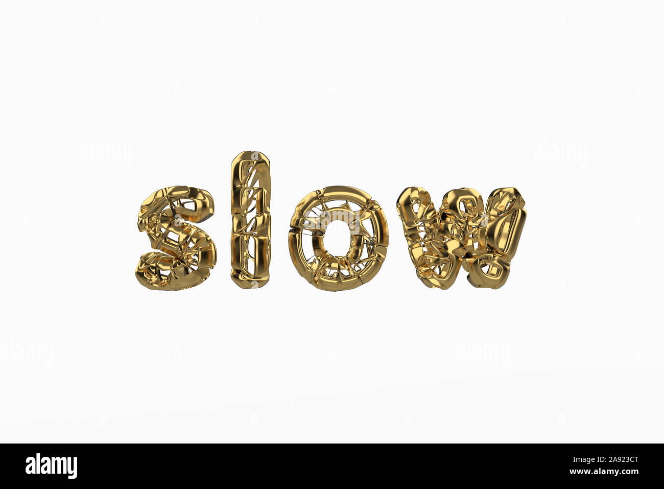 The word Slow is made by gold wired jewelry letters isolated on white ...