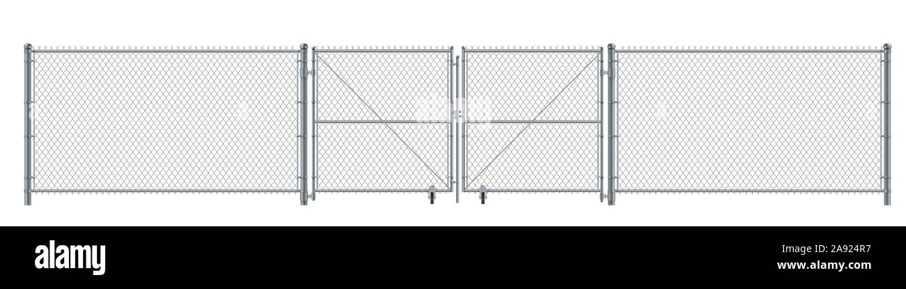 Realistic metal wire fence and gate. Prison barrier or security fence ...