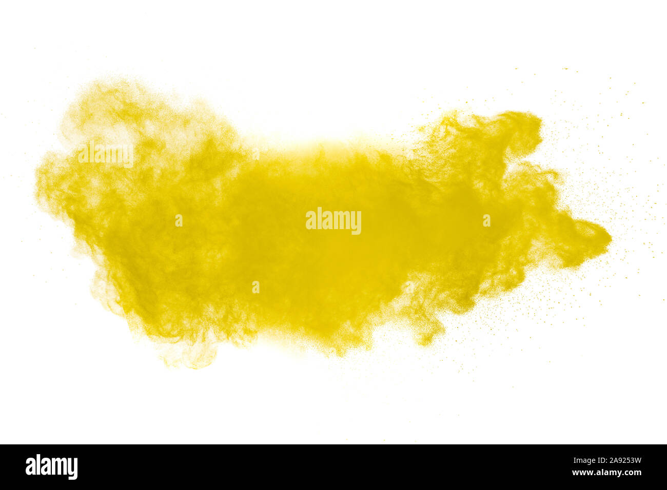 Yellow dust particles explosion on white background.Yellow powder dust ...