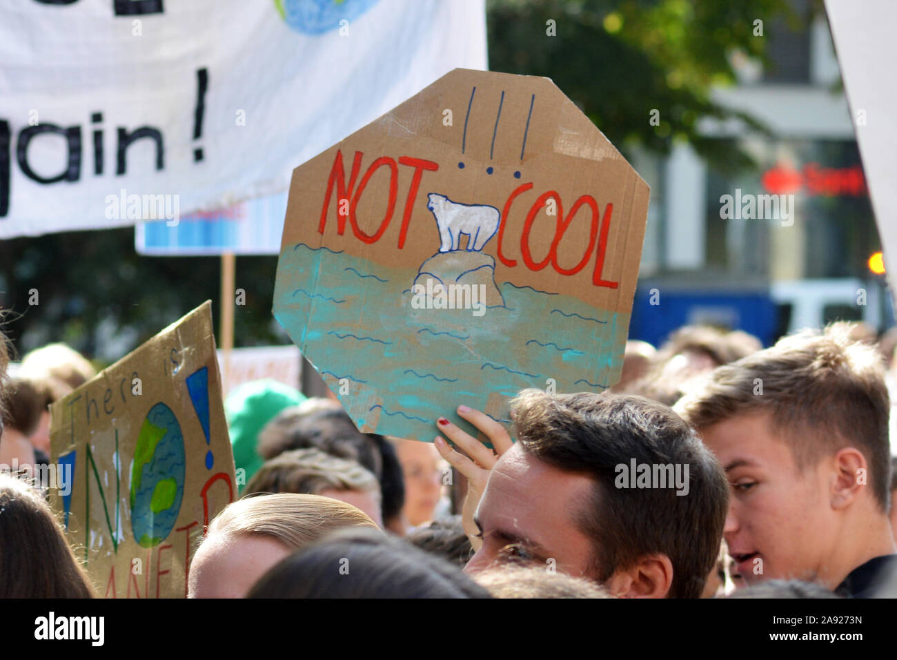 Round protest sign with polar bear on melting ice saying ' Not cool ...