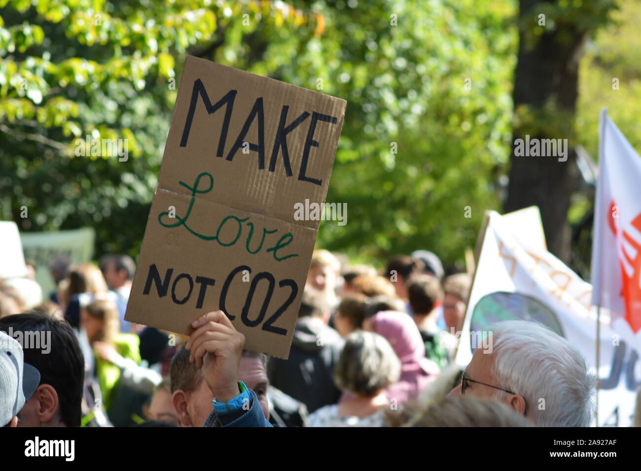 Heidelberg, Germany - October 2019: Protest sign saying ' Make love ...