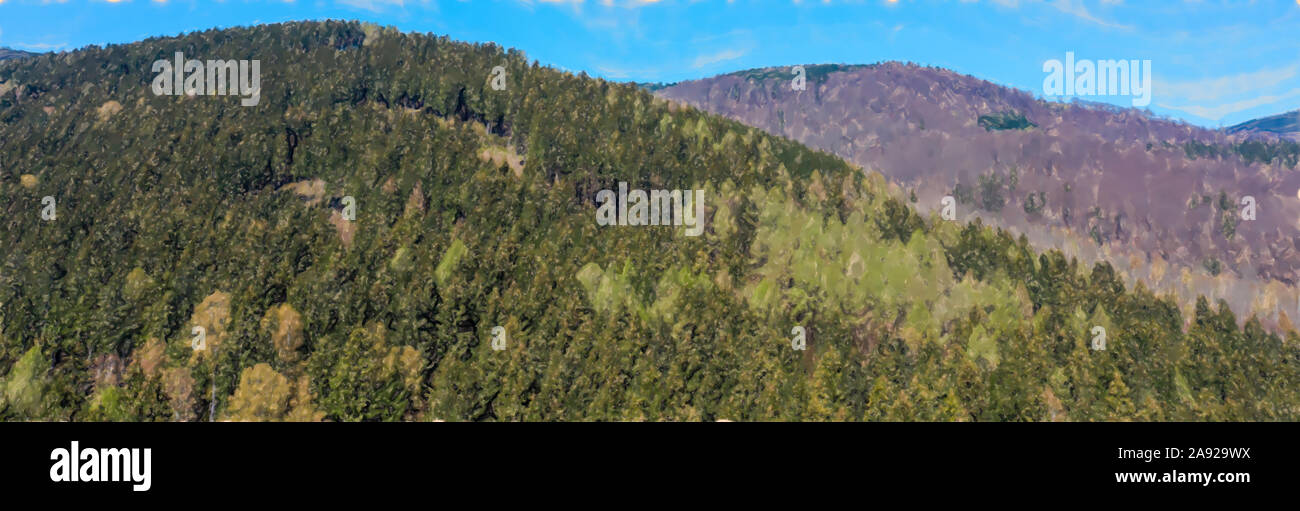 watercolor illustration: Conical mountain in the Harz Mountains covered ...