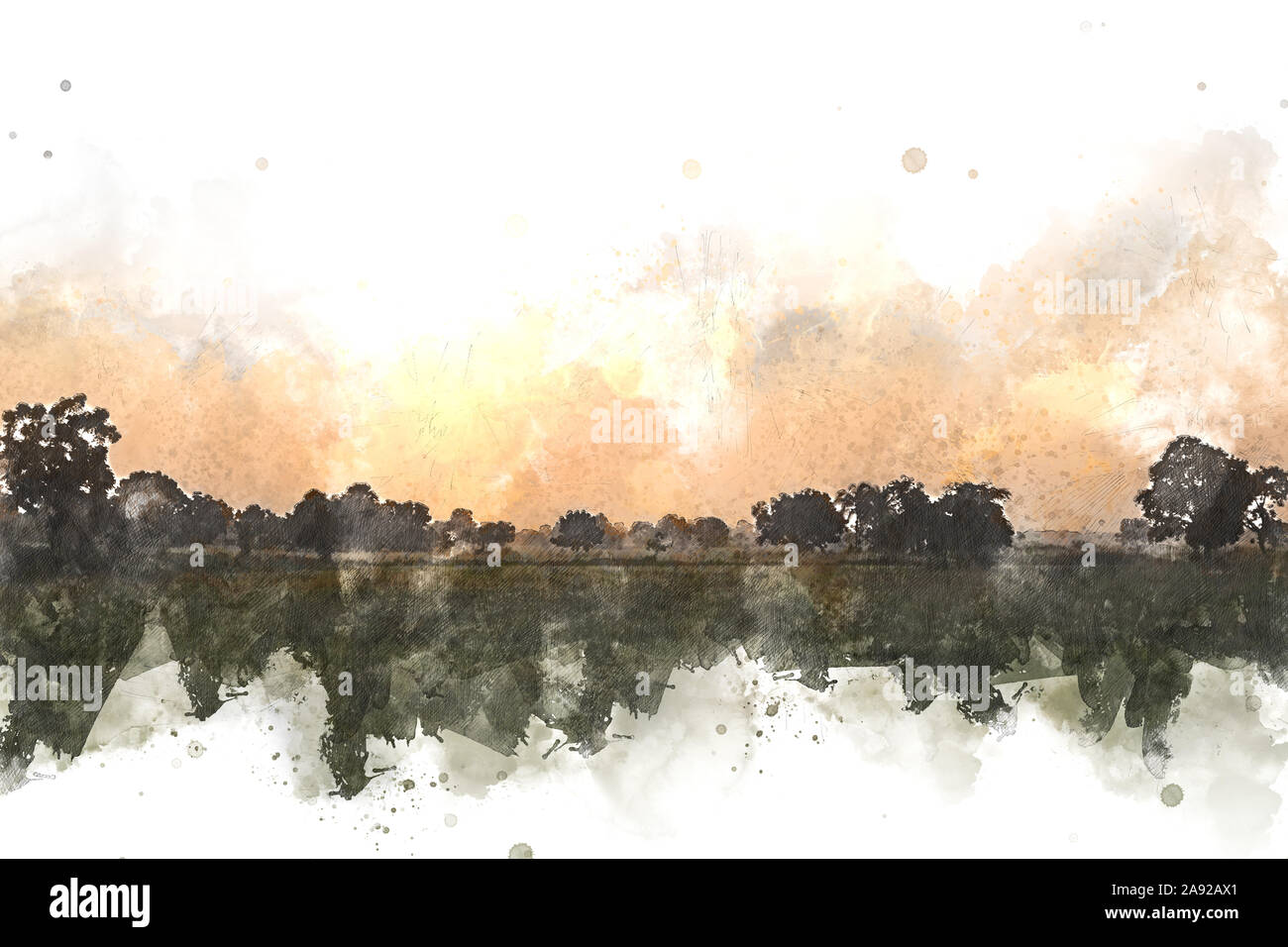 Abstract colorful shape on tree and field landscape watercolor ...