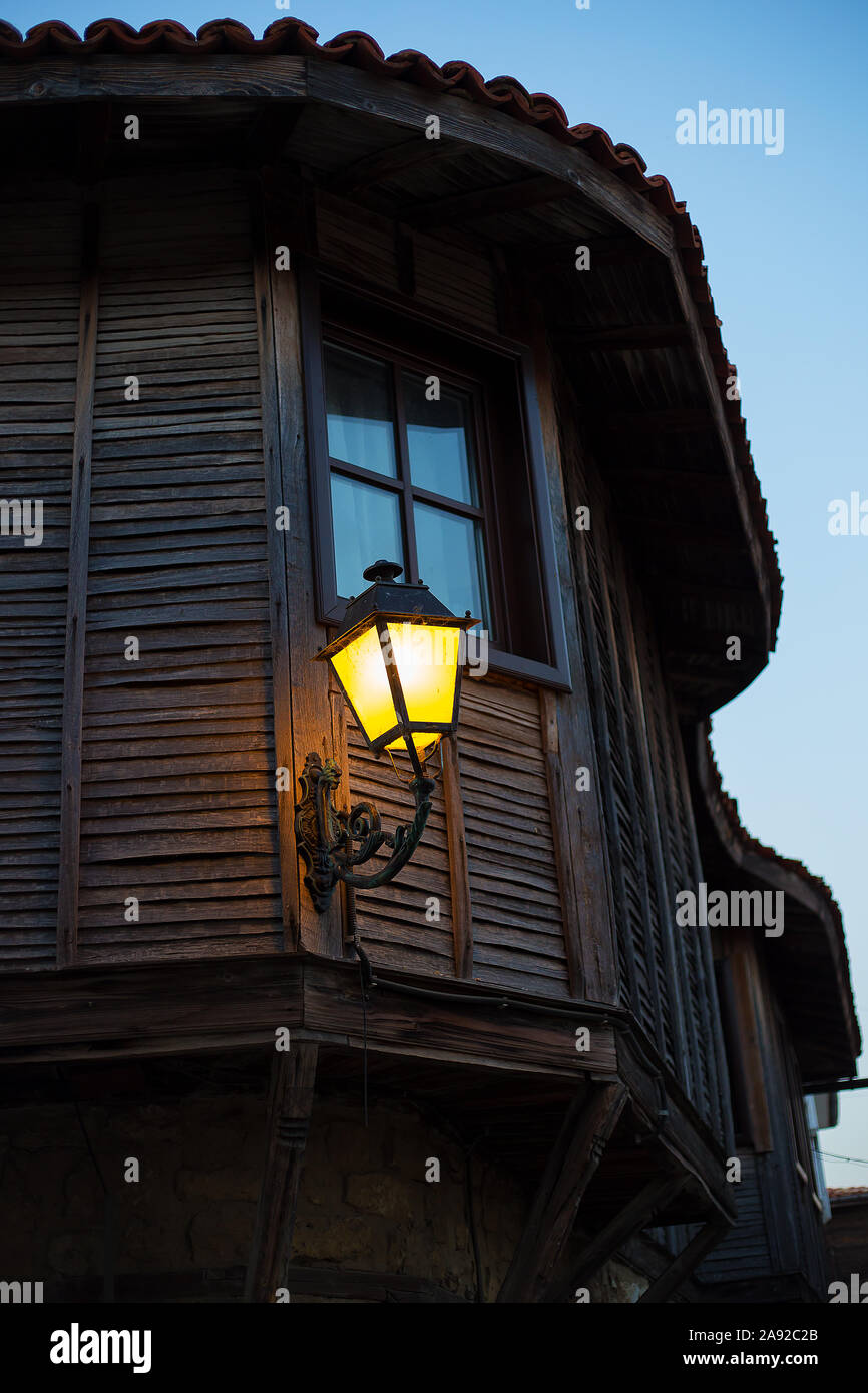 Beautiful ancient lamp at night, close-up. Bulgaria, Nessebar Stock ...