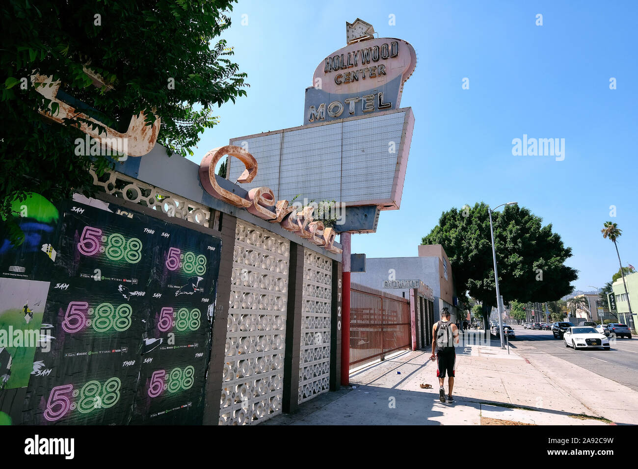 Entrance and illuminated advertising of the Hollywood Center Motel on ...