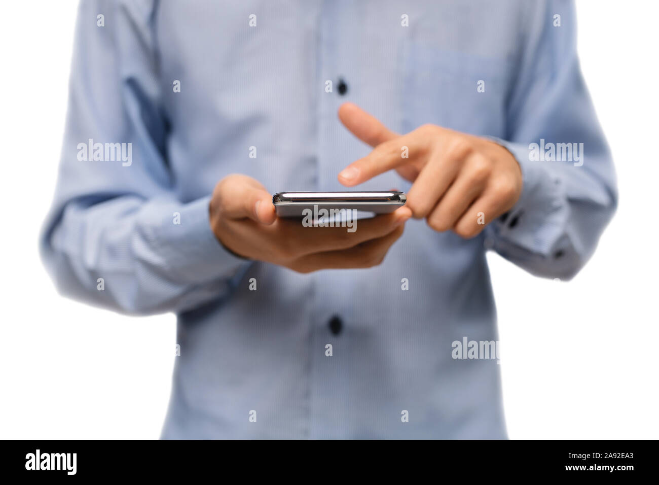 Unrecognizable male touching smartphone screen, browsing internet over ...