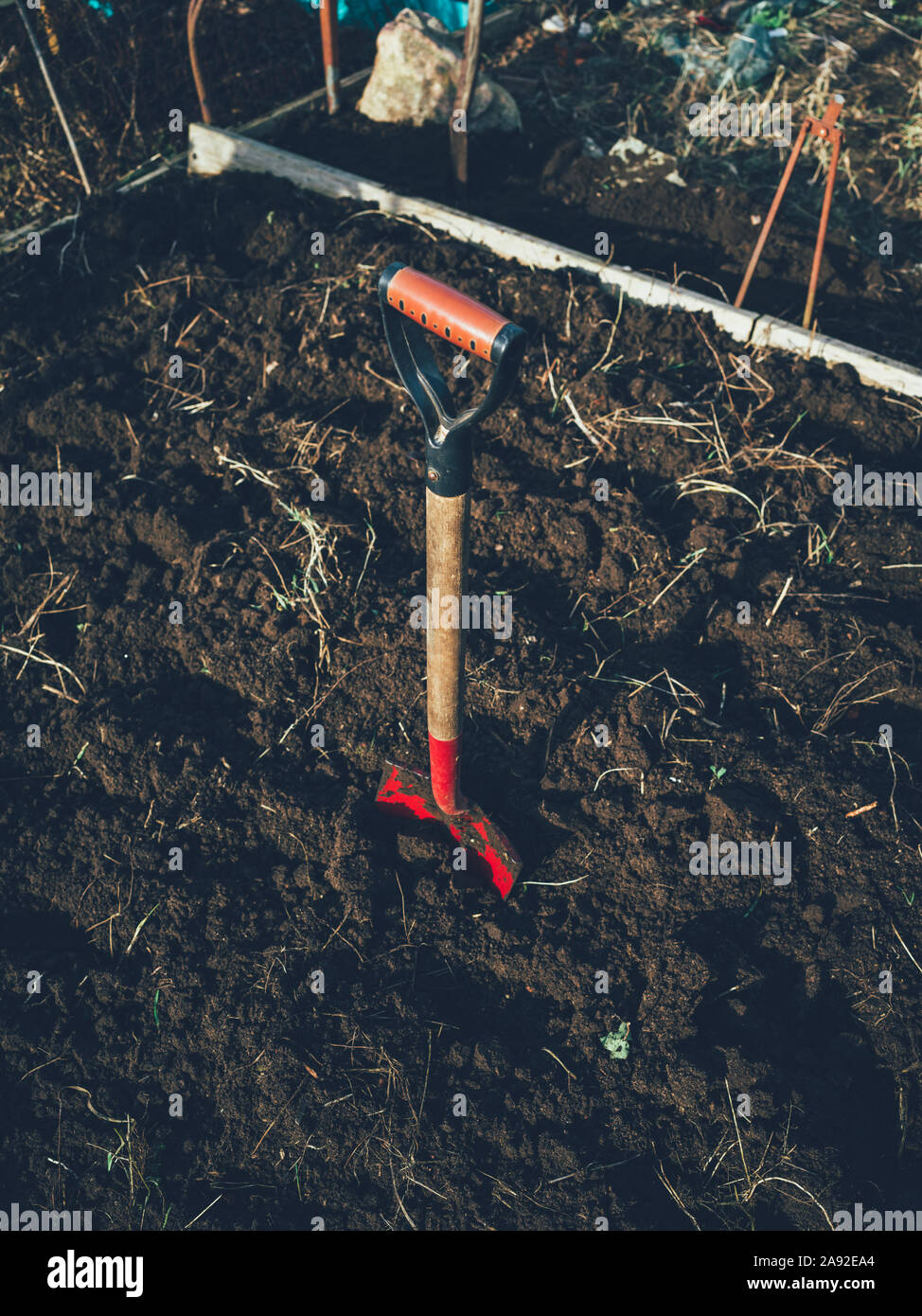 Spade in soil Stock Photo - Alamy