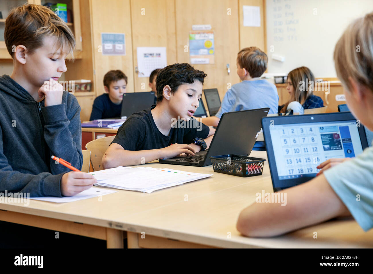 Boys using laptops at school Stock Photo - Alamy