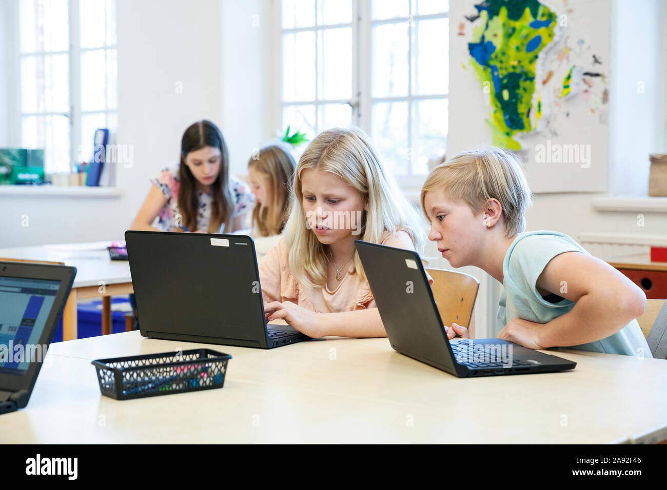 Girls using laptops at school Stock Photo - Alamy