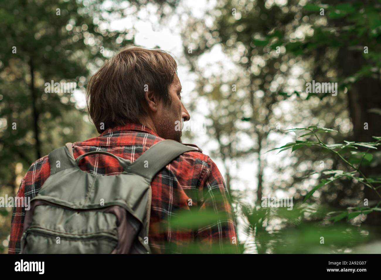 Man hiking in forest alone on active summer vacation, selective focus ...