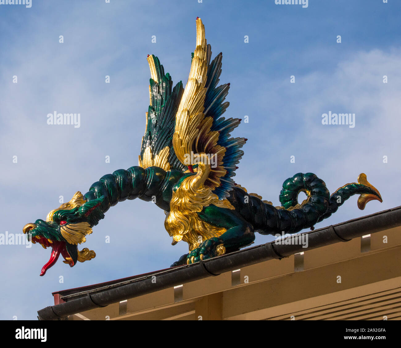 Surrey, UK - September 14th 2019: One of the dragon sculptures on the ...