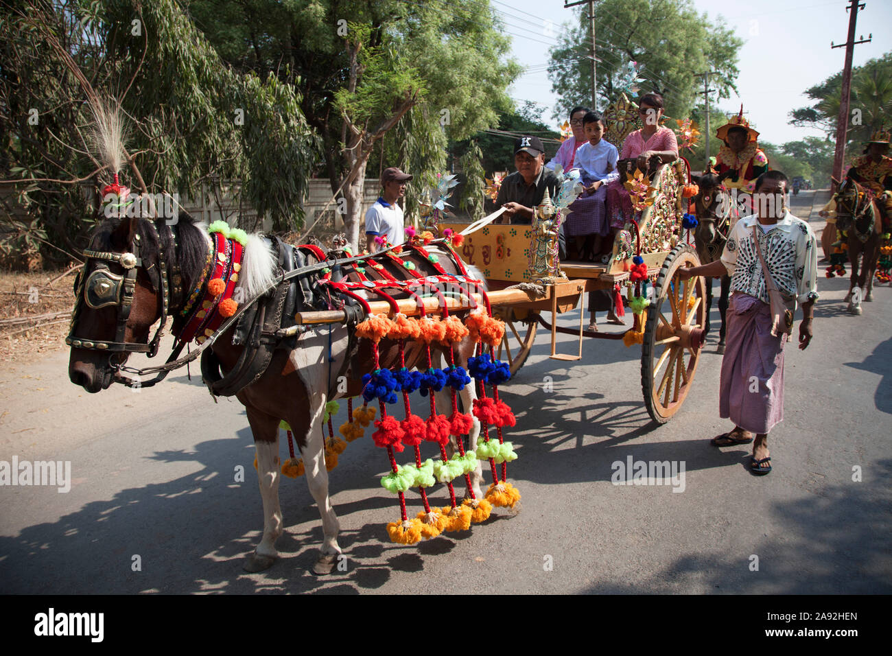 Parade of initiation of children to Buddhism, cart with horse festivity ...