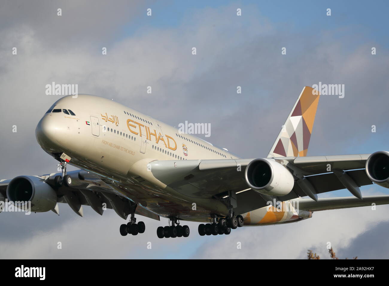 Etihad Airbus A380 A6-APF landing at London Heathrow Airport, UK Stock ...