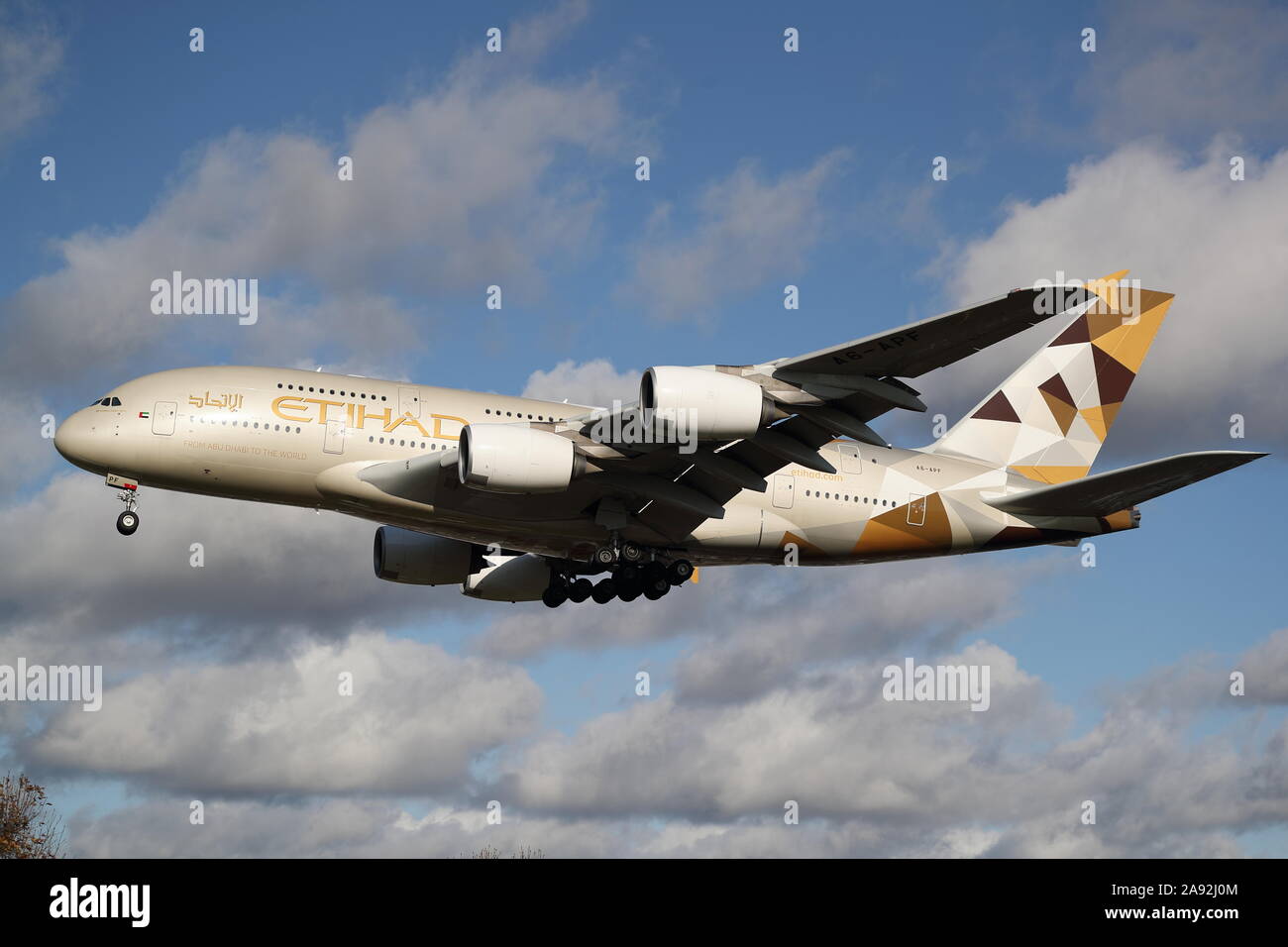 Etihad Airbus A380 A6-APF landing at London Heathrow Airport, UK Stock ...