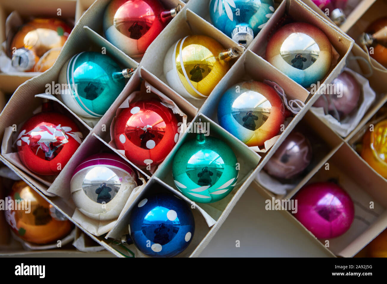 Christmas baubles in boxes Stock Photo - Alamy