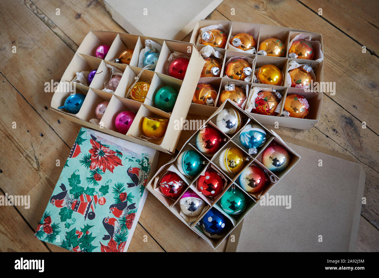 Christmas baubles in boxes Stock Photo - Alamy