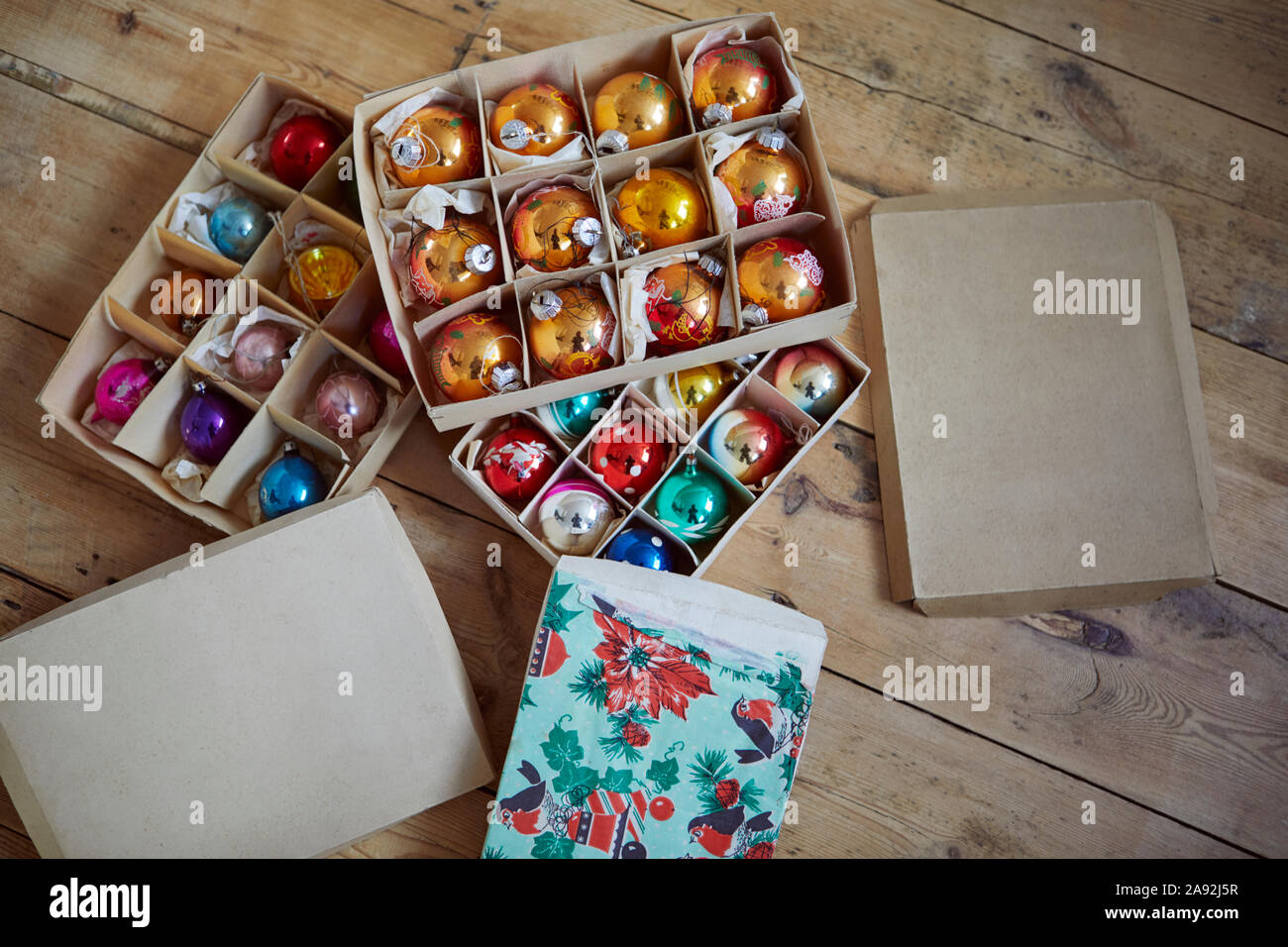 Christmas baubles in boxes Stock Photo - Alamy