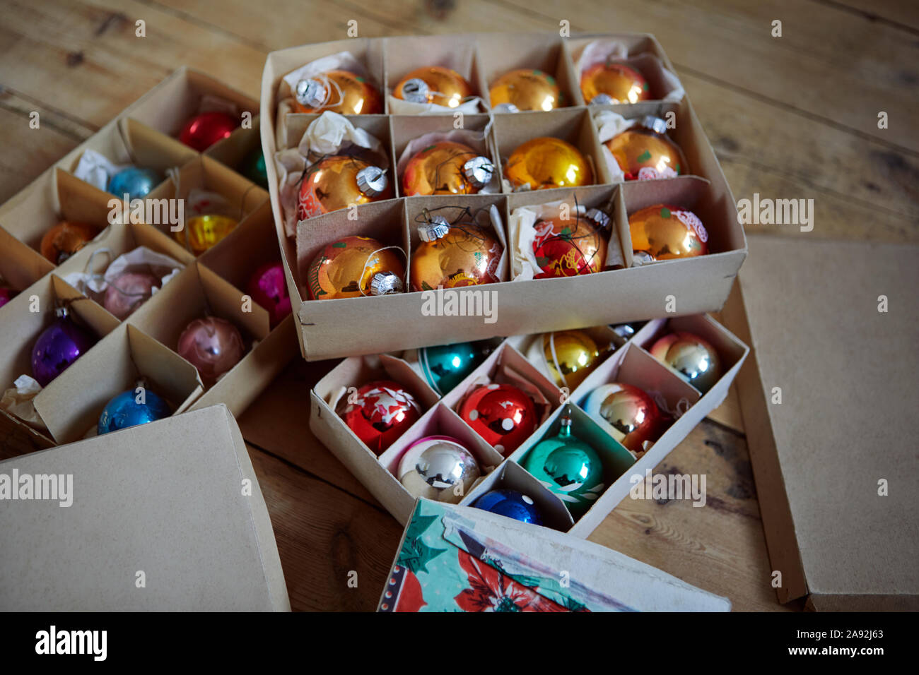 Christmas baubles in boxes Stock Photo - Alamy