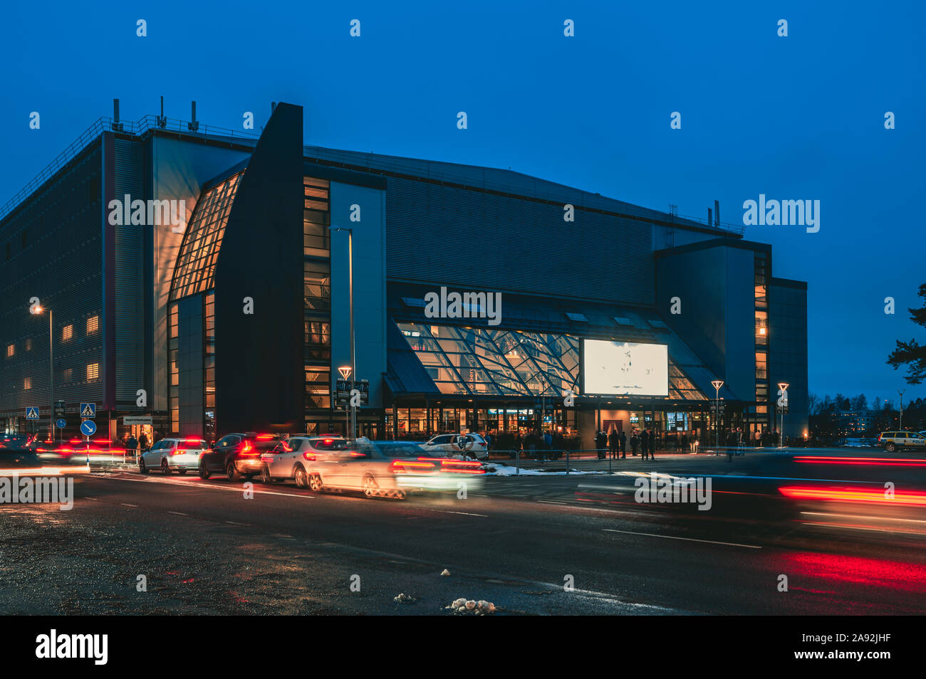 Illuminated modern building Stock Photo - Alamy
