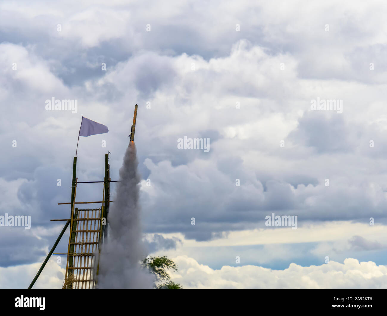 Rocket taking off in the sky during a Myanmar festival; Yawngshwe, Shan ...