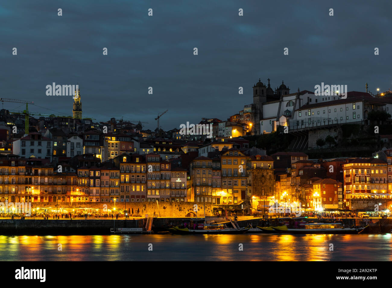 Night lights at ribeira district near Douro River, Porto Portugal Stock ...