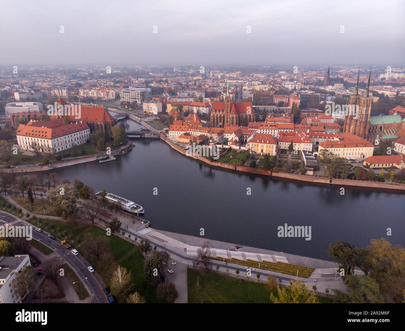 The aerial view of Wroclaw: Ostrow Tumski, Odra river, Cathedral of St ...