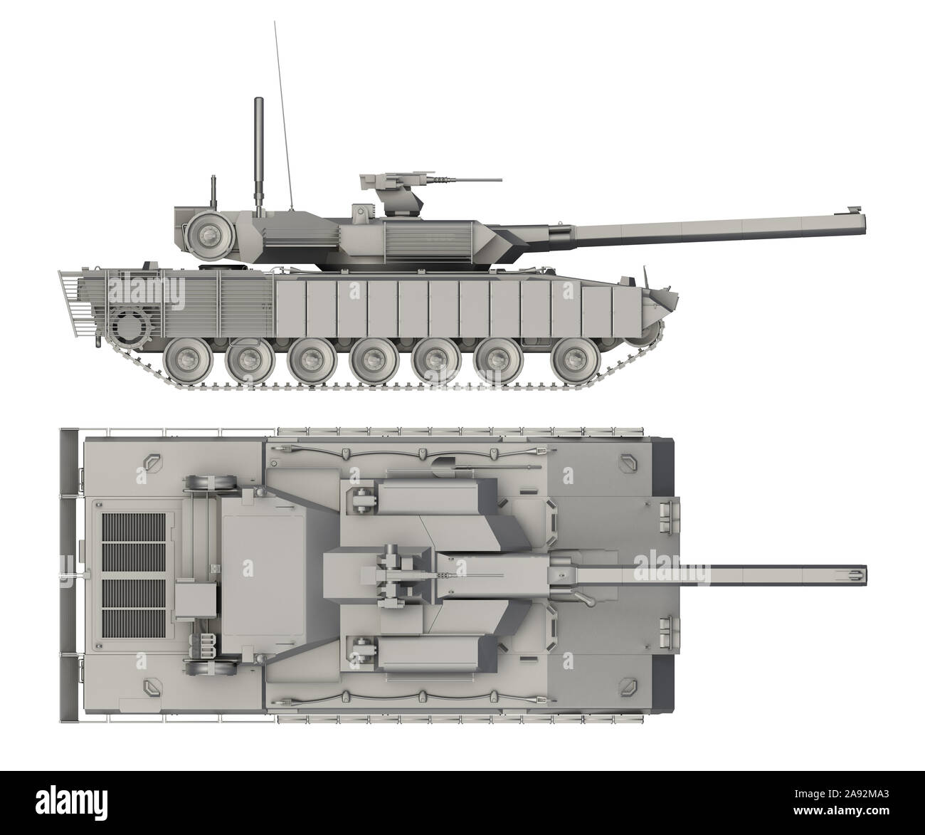 military tank side and top view isolated on white. 3d rendering Stock ...