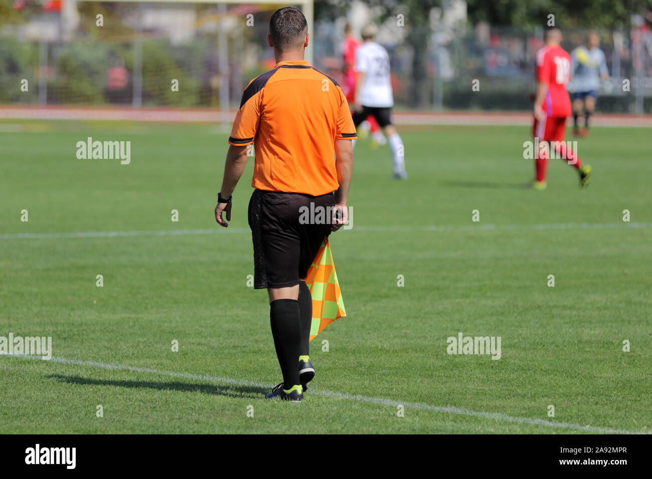 The line referee observes the situation on the football field Stock ...