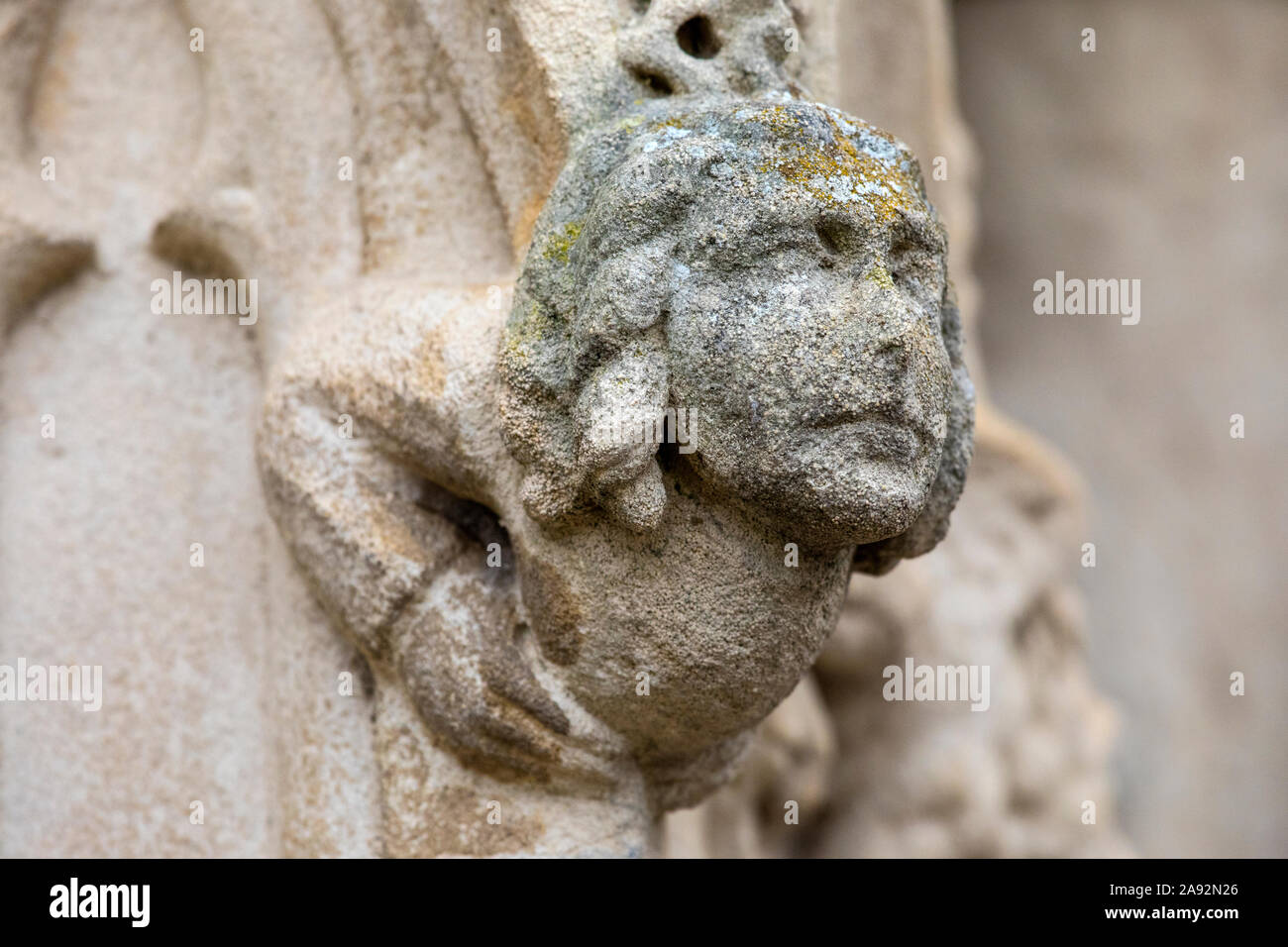 Close-up of a sculpture on the exterior of Exeter Cathedral in the city ...
