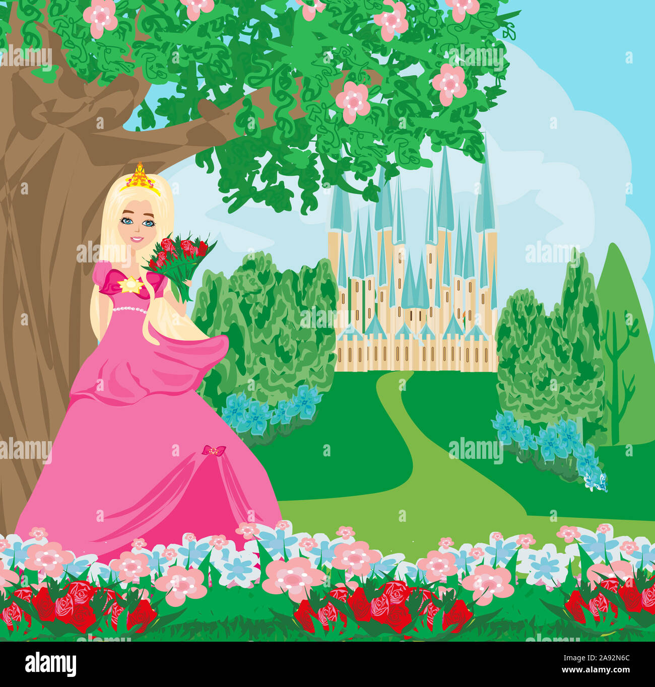 Beautiful queen in front of her castle Stock Photo - Alamy