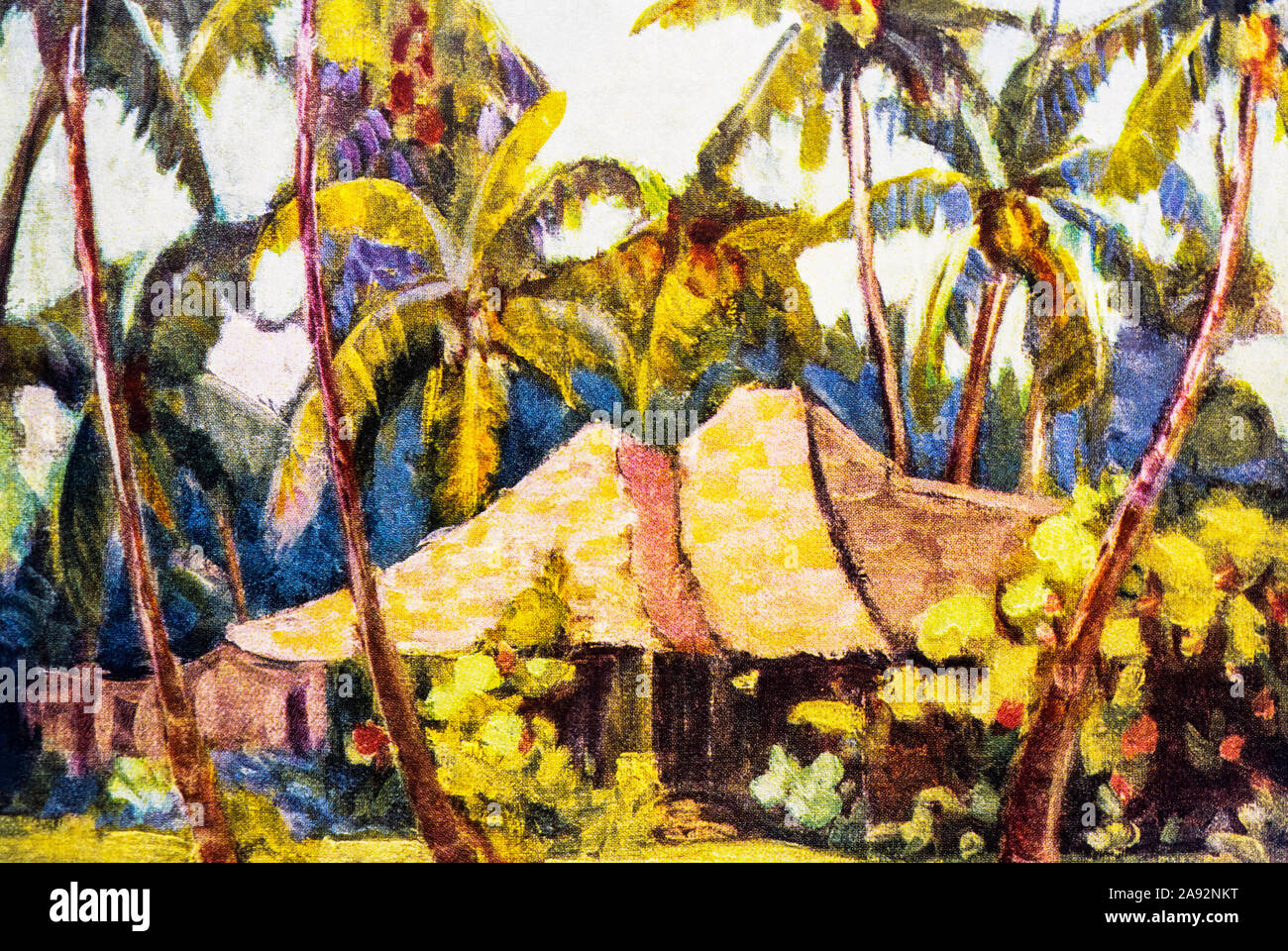 C.1938, Shirley Russell Art, Hawaiian Hut Nestled In Lush Valley With ...