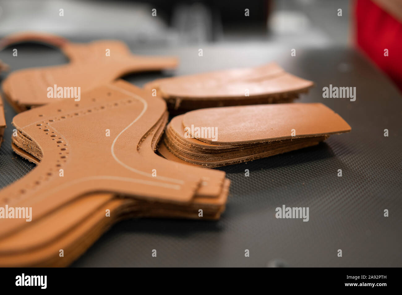 Different forms of leather pieces which will be use for making a shoes ...