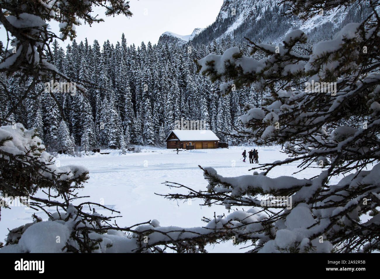 Frozen and snow covered Lake Louise, Canada Stock Photo - Alamy