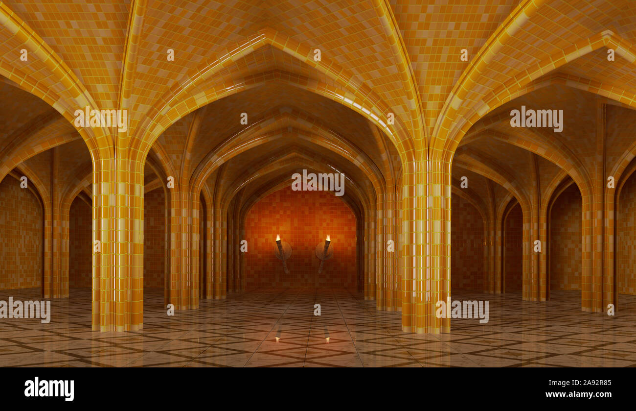 Vaulted arched gallery, covered with mosaics, with columns, patterned ...