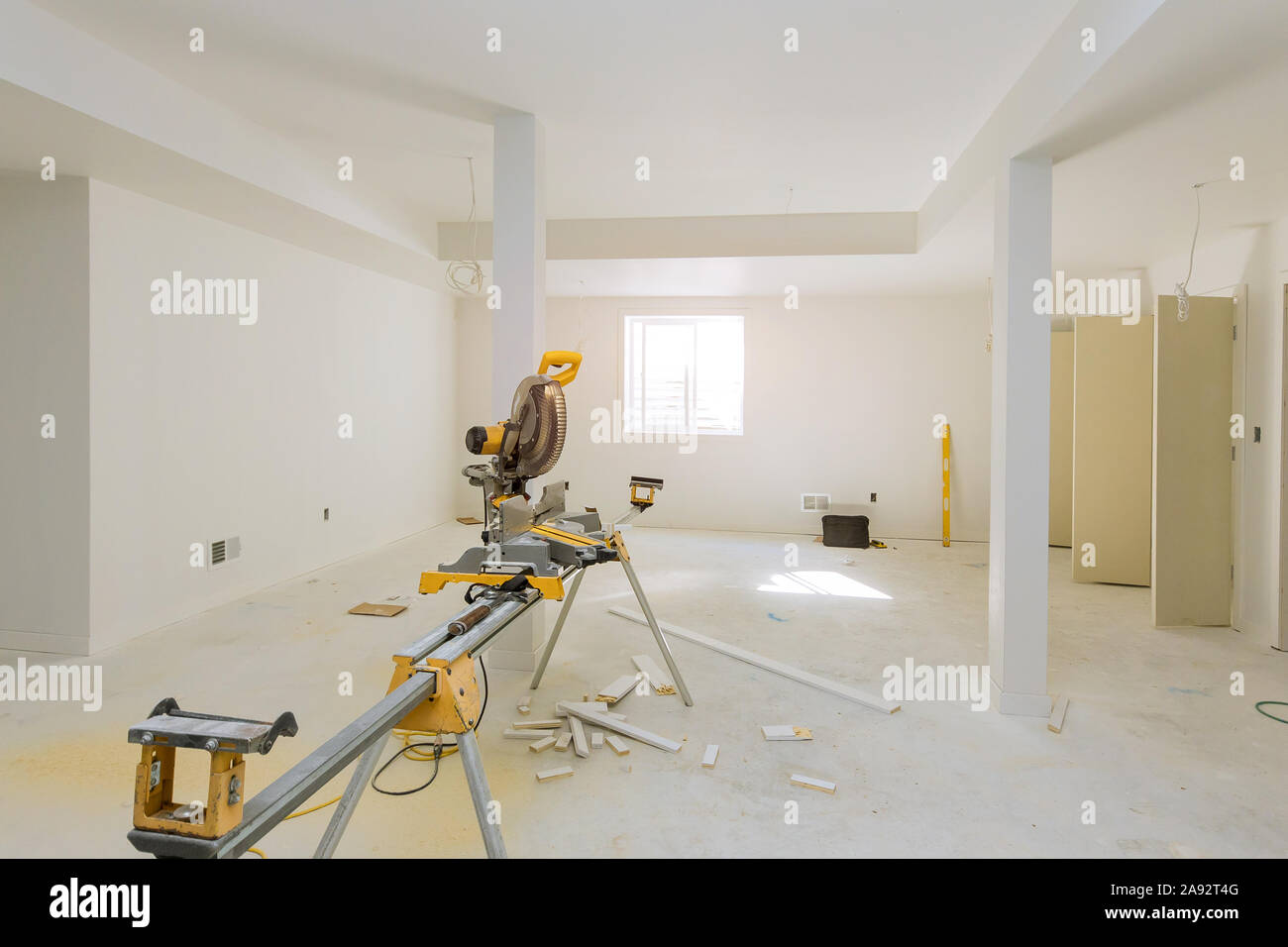 Wood cutting with circular saw close-up of construction building ...