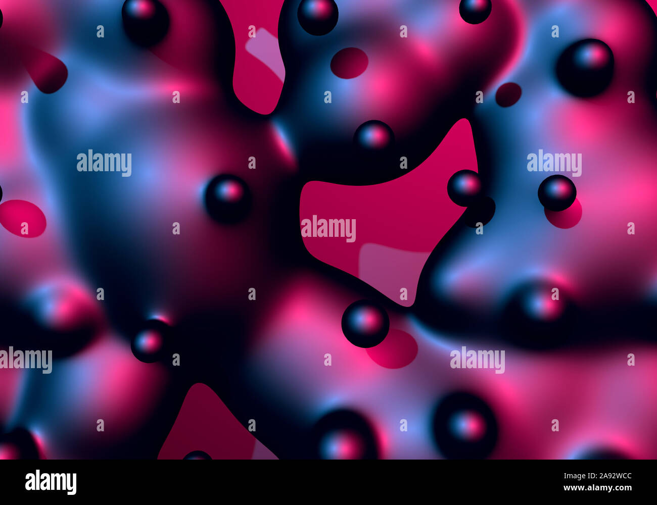 Abstract background with neon glowing boiling liquid balls or drops in ...