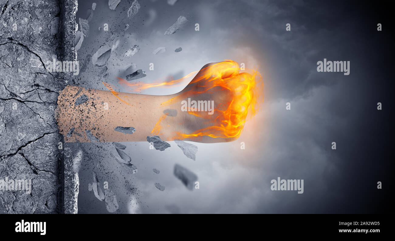 Big hand hits intense and breaks a crass stonewall Stock Photo - Alamy
