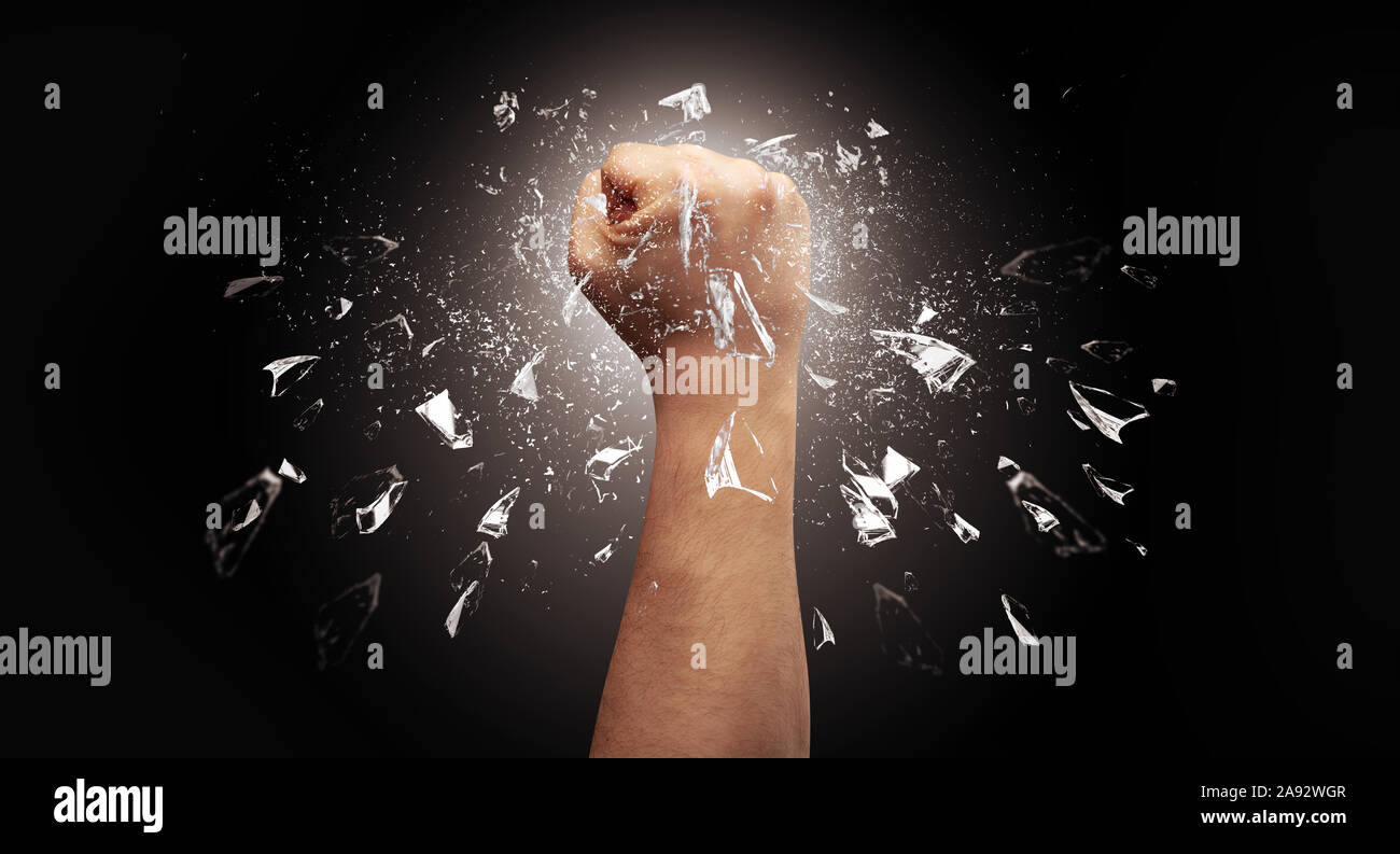 Big hand hits intense and breaks glasses Stock Photo - Alamy