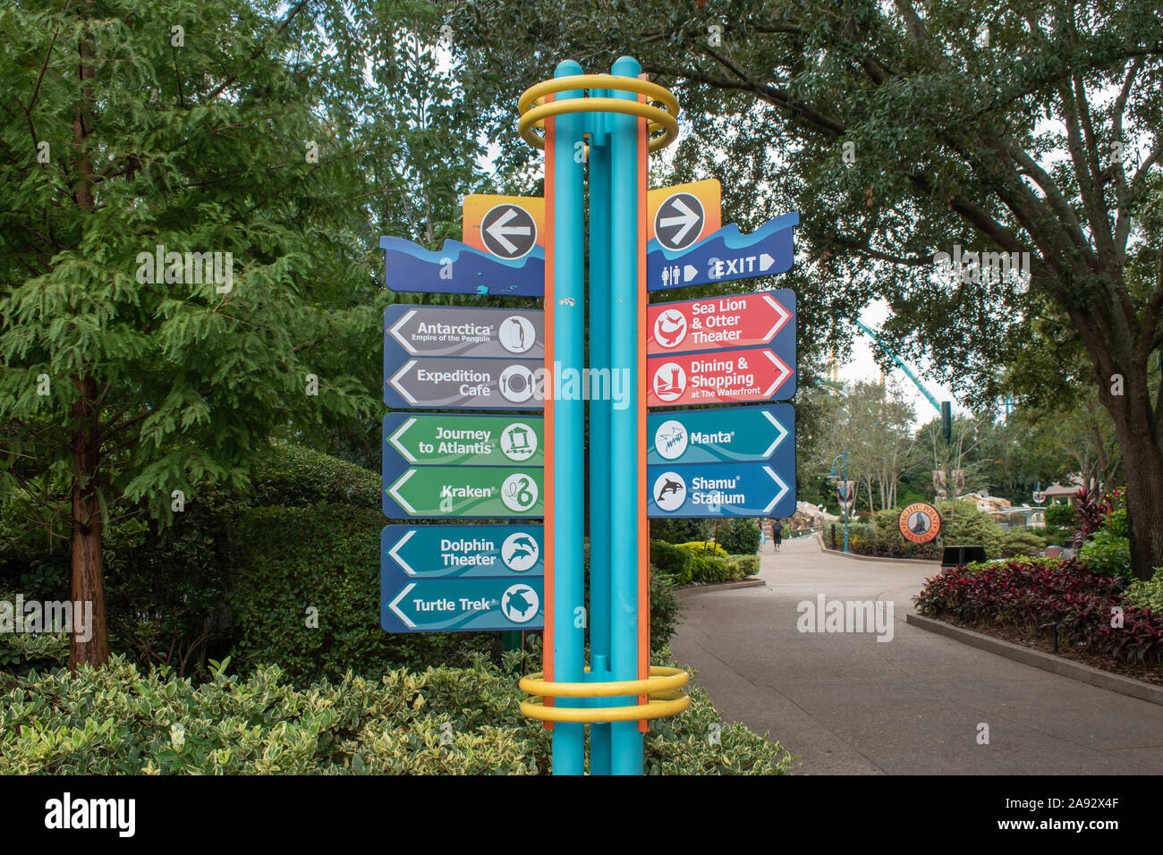 Orlando, Florida. November 06, 2019. Colorful attractions sign at ...