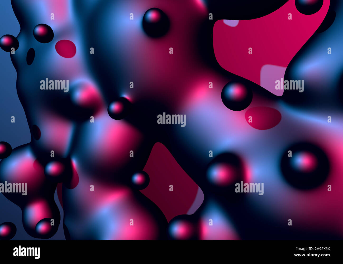 Abstract background with neon glowing boiling liquid balls or drops in ...