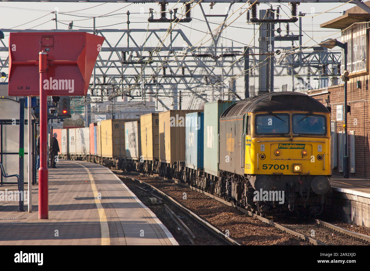 A class 57 diesel locomotive number 57001 working a loaded freightliner ...