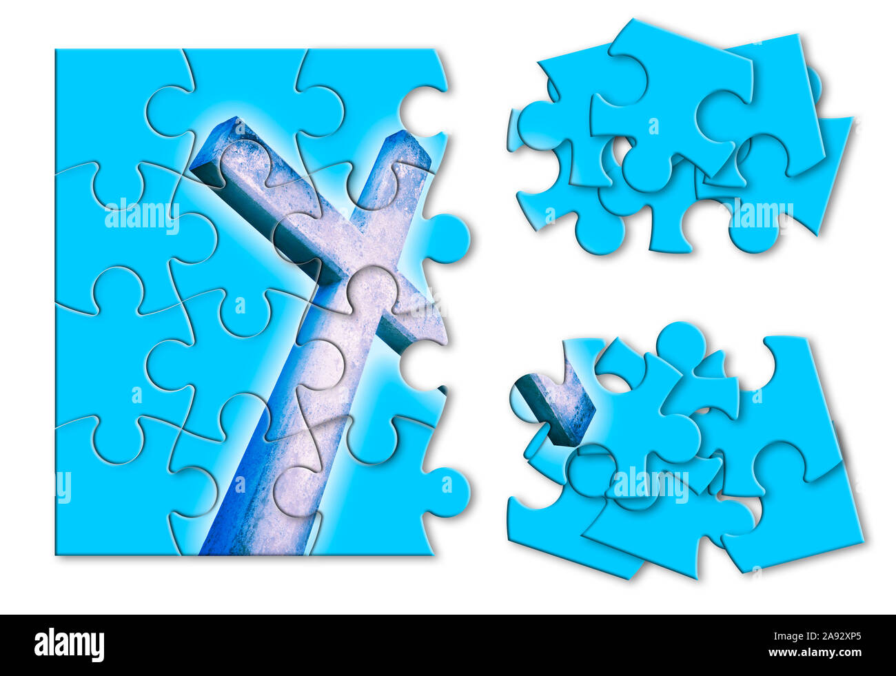Rebuild or losing our faith - Christian cross concept image in jigsaw ...