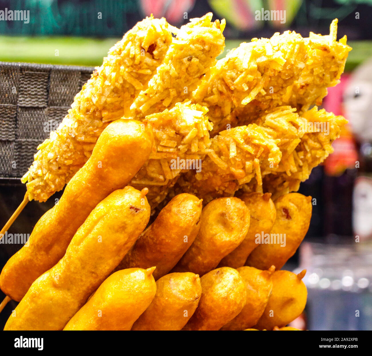 assortment of crispy deep fried coconut battered meats or various types ...