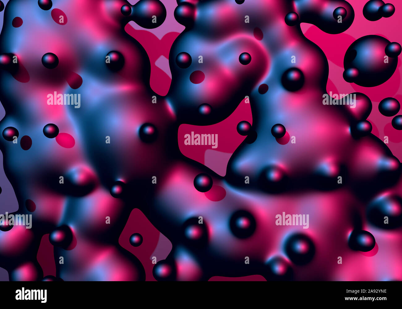 Abstract background with neon glowing boiling liquid balls or drops in ...