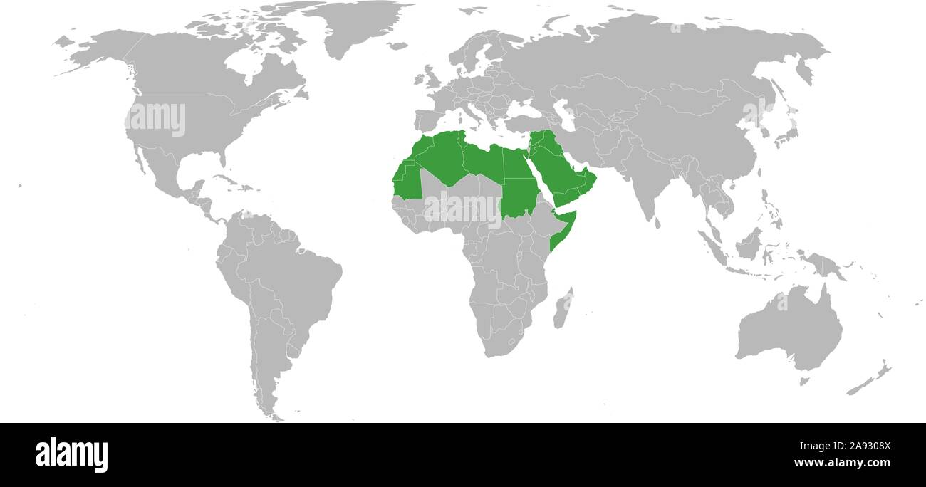 Arab World Political Map Highlighted In Green Color Vector Illustration