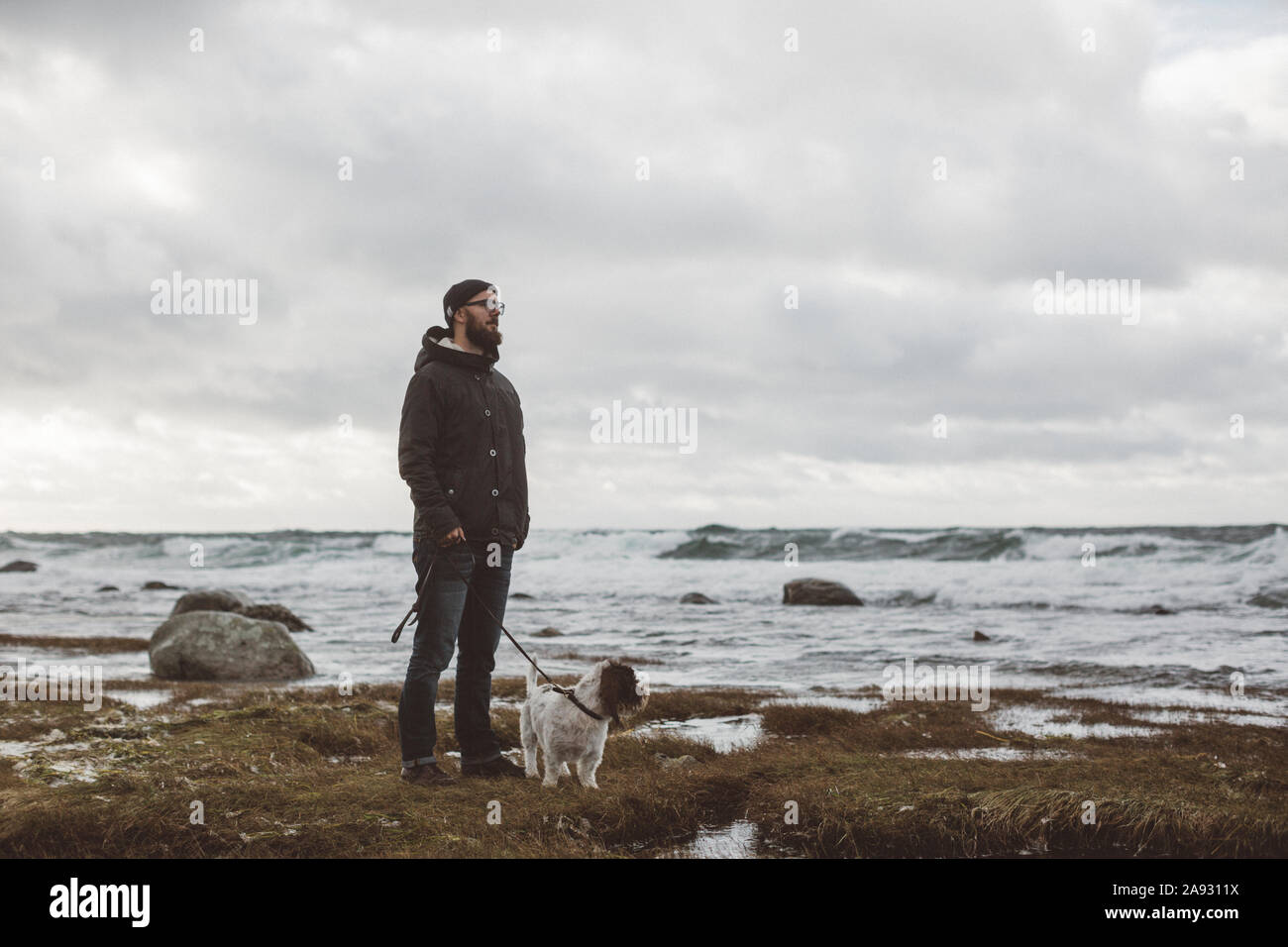 Man with dog at sea Stock Photo - Alamy