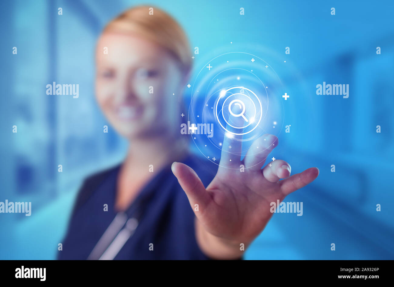 Doctor touching blue screen with call center concept Stock Photo - Alamy