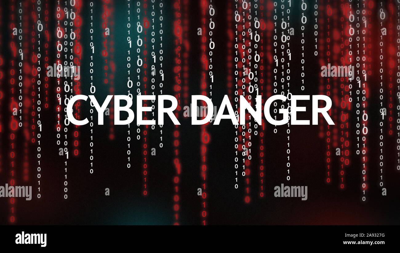 Cyber danger inscription text over binary code stream background Stock ...